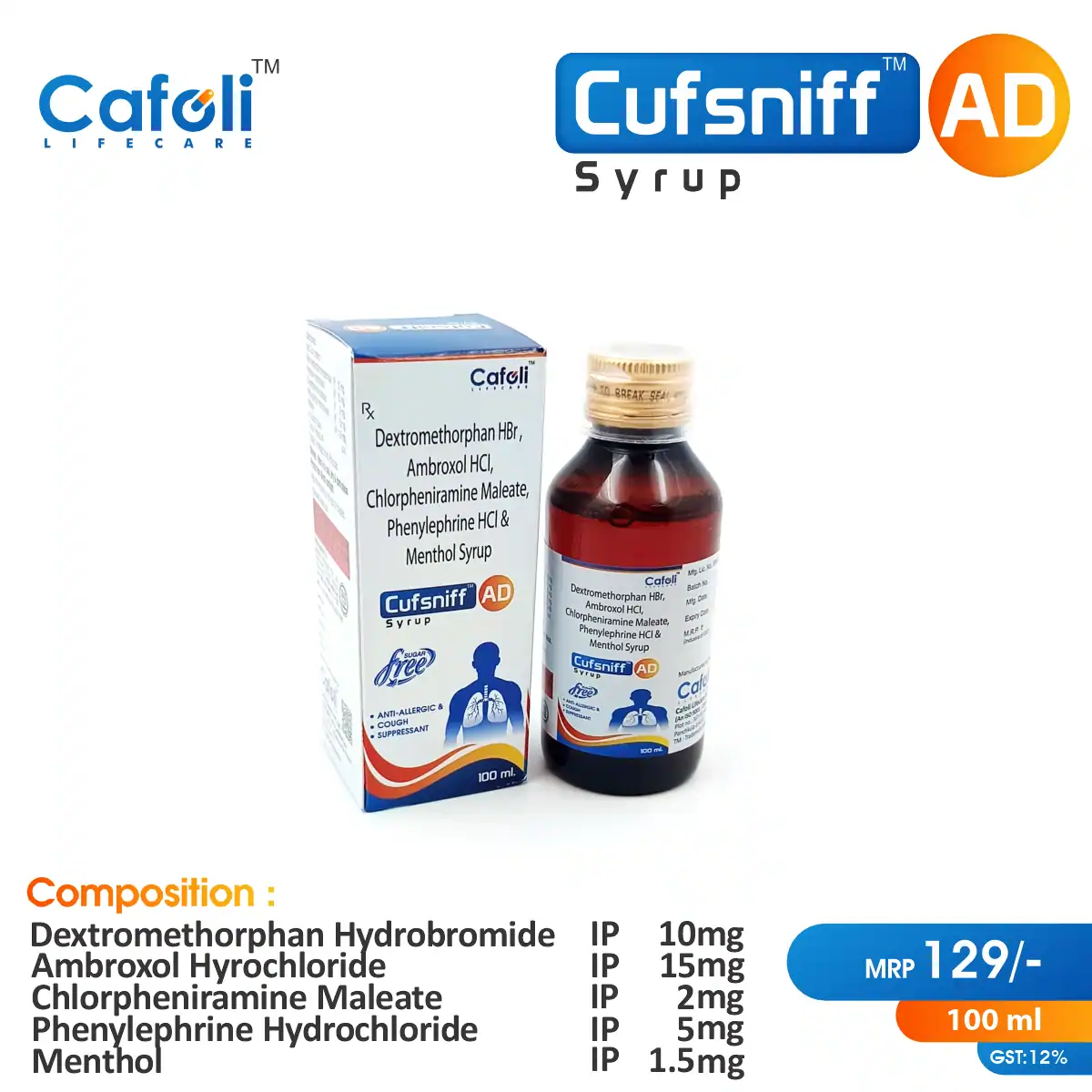 Cufsniff AD Syrup (Ambroxol 15mg/5ml + Guaifenesin 50mg/5ml + Menthol 2 ...