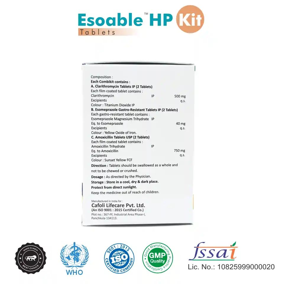 Esoable HP Kit Tablet (Amoxycillin 750mg + Clarithromycin 500mg ...