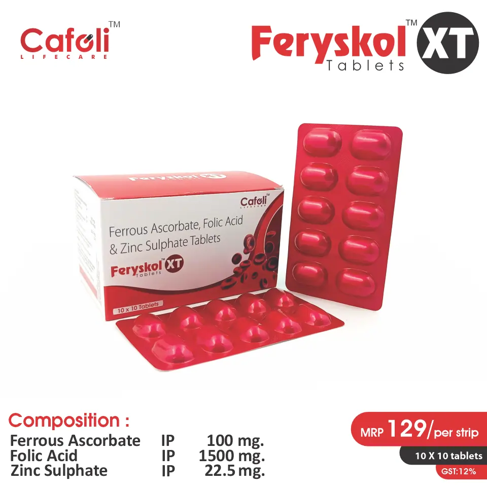 Ferrous Ascorbate 100mg + Folic Acid 1.5mg – Feryskol XT Tablet