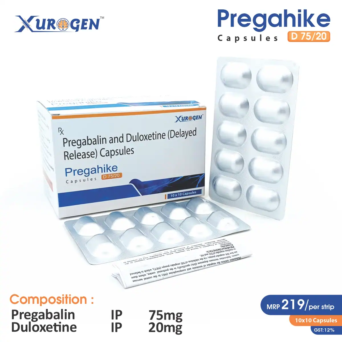 Pregabalin I.P. 75mg + Duloxetine HCL I.P. 20mg Capsule Pregahike D 75 ...