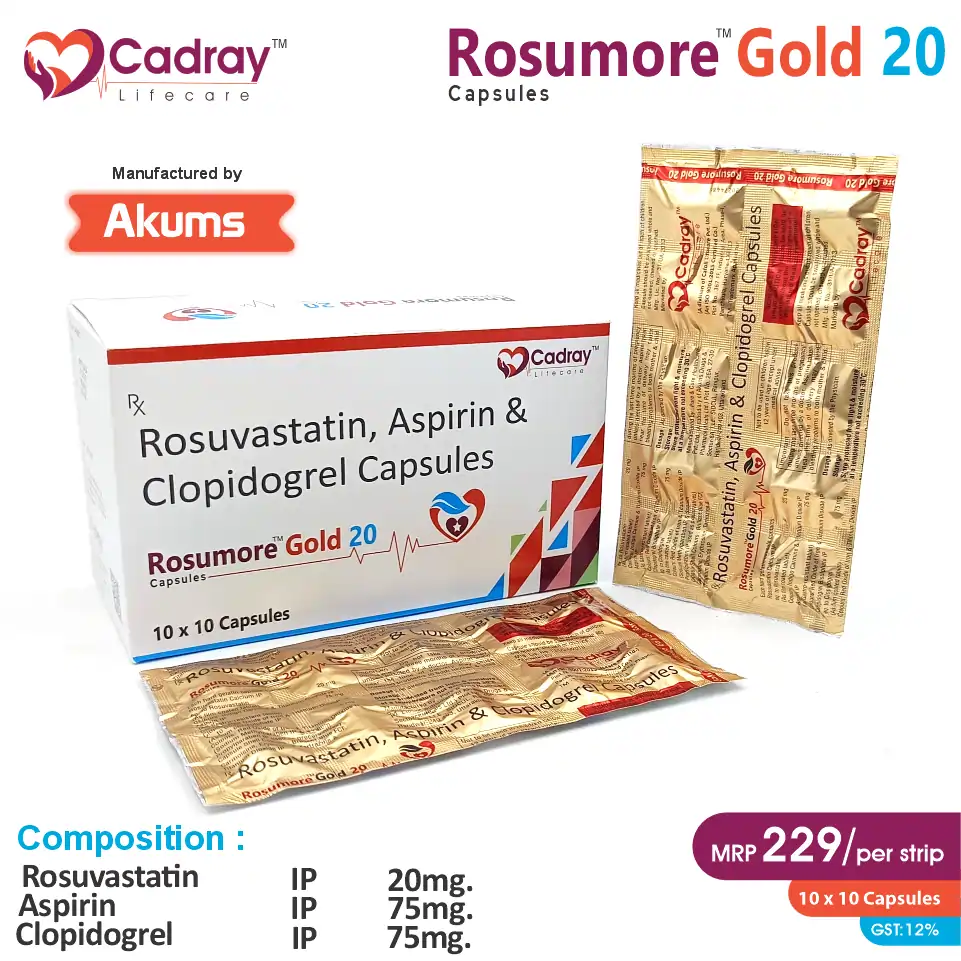 Aspirin 75 mg + Rosuvastatin 20 mg + Clopidogrel 75 mg capsule Rosumore ...